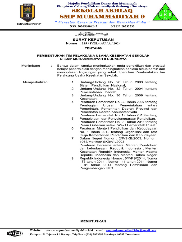 Contoh SK Uks SMP Muh 9 Surabaya | PDF