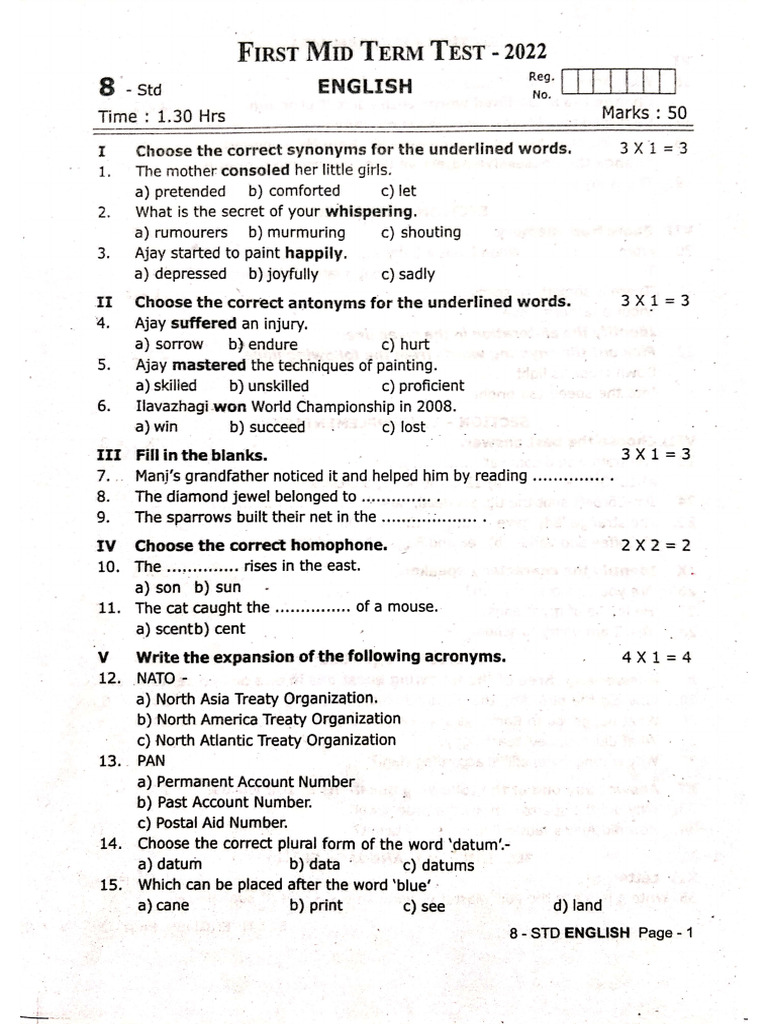 8th English 1st Mid Term Exam Original Question Paper 2022 2023 ...