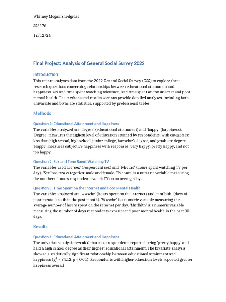 Final Project GSS Analysis With Tables | PDF | Statistics | Science
