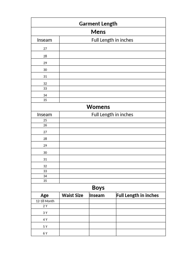 Garment Inseam Lengths Guide | PDF