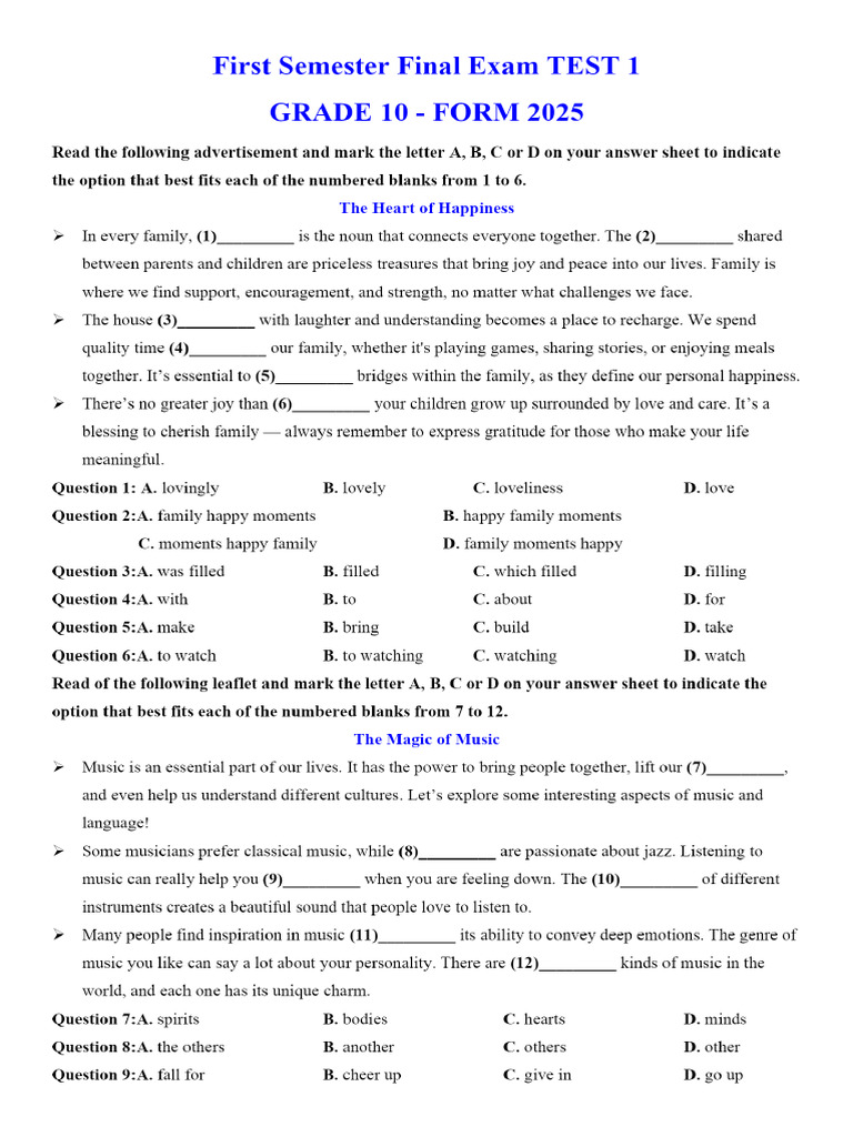 First Semester Final Exam TEST 1 - GRADE 10 - FORM 2025.docx Giải Chi ...