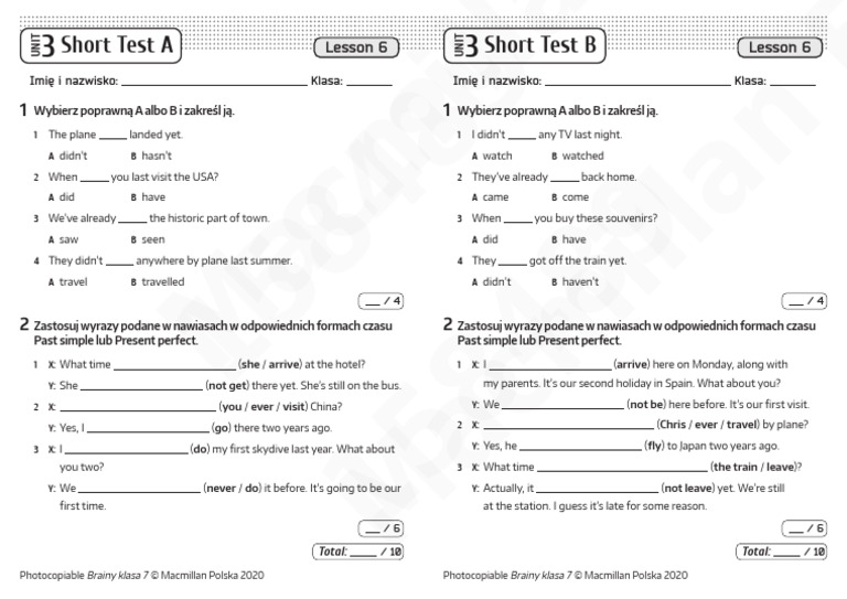 Brainy kl7 Short Tests Unit 3 Lesson 6 | PDF | Language Mechanics