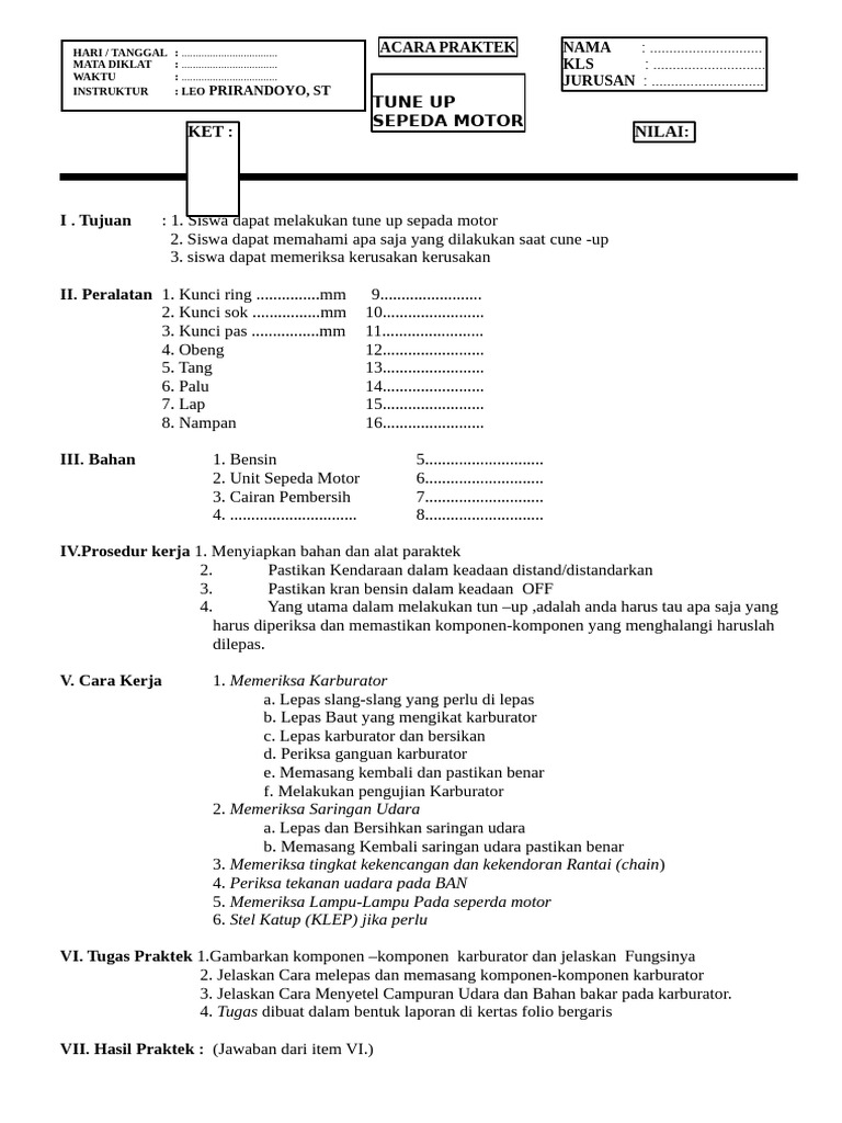 Jobsheet TUNEUPSEPEDAMOTOR | PDF