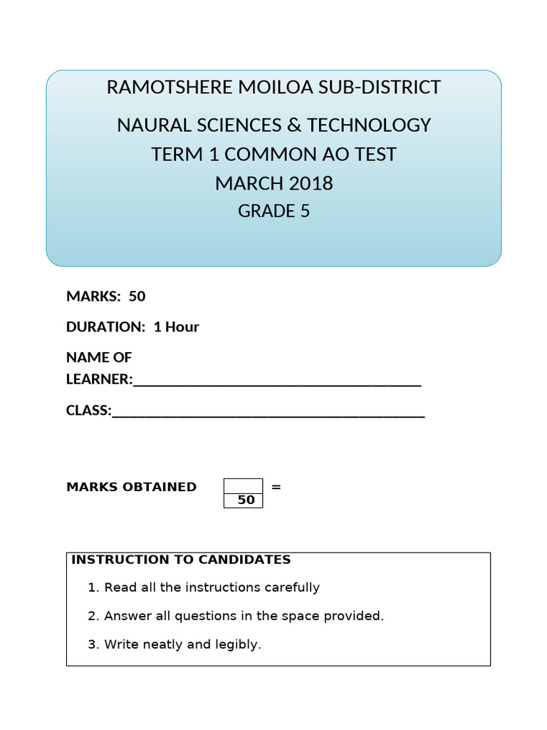 Grade 5 Natural Science Test Term 1 | PDF | Foods | Plants