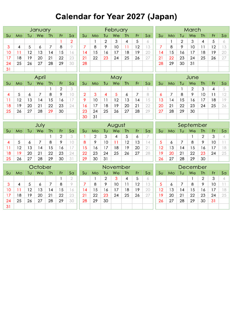 Year 2027 Calendar - Japan | PDF