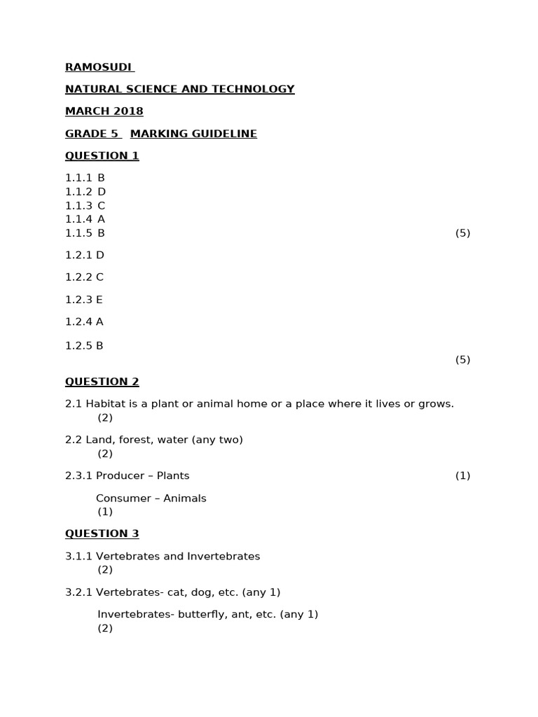 Natural Science and Technology Grade 5 Memorandum 2018 | PDF