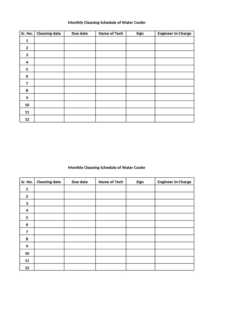 Monthly Water Cooler Cleaning Schedule | PDF