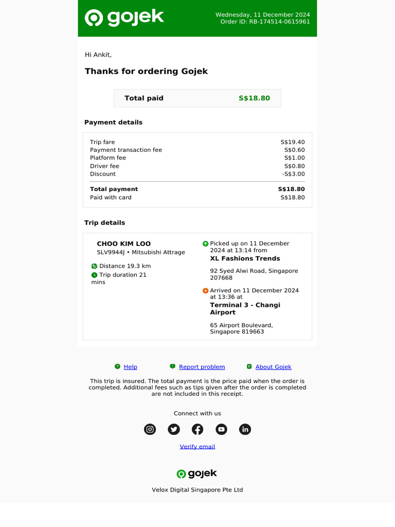 Gojek Order Receipt - S$18.80 Payment | PDF
