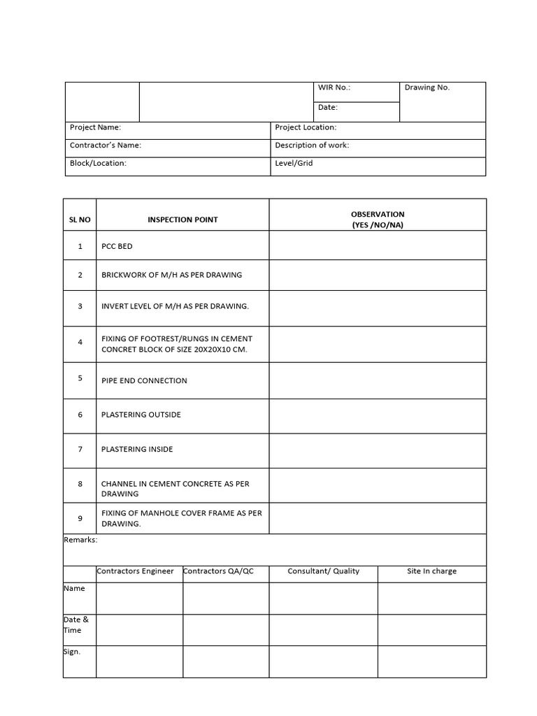 Brick Masonry Manhole Construction Checklist | PDF