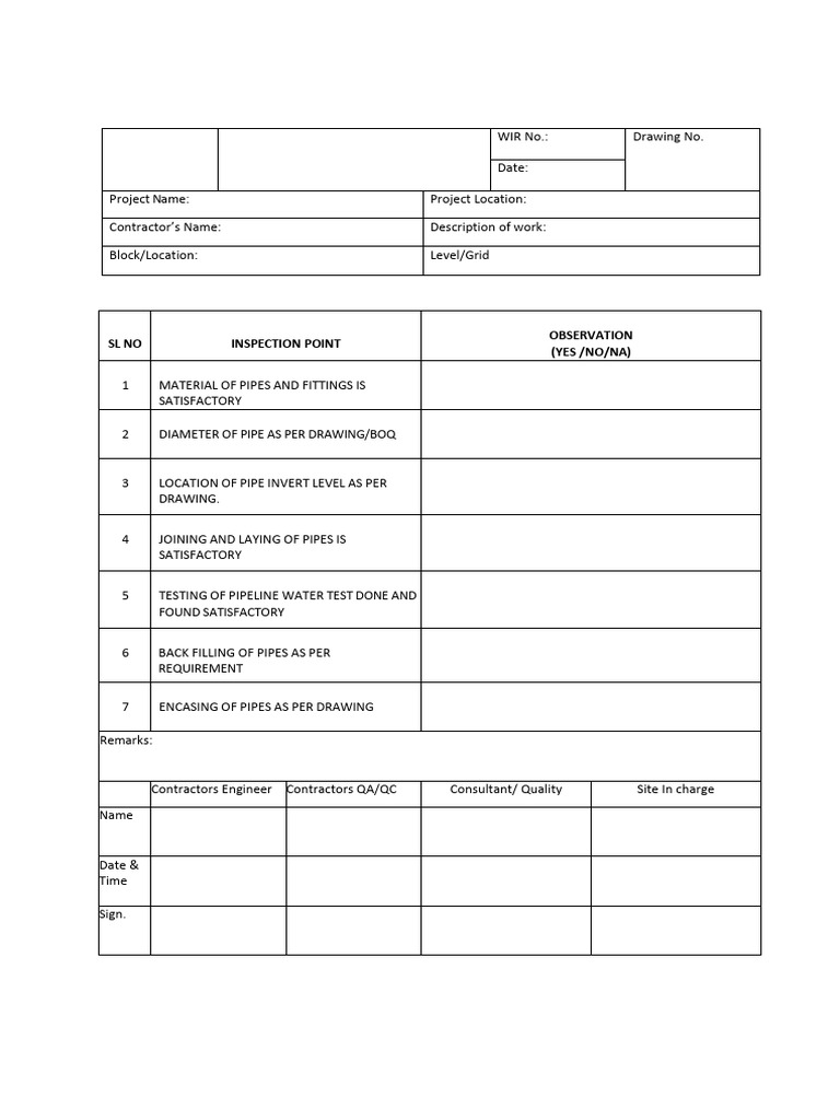Storm Water Pipeline Installation Checklist | PDF