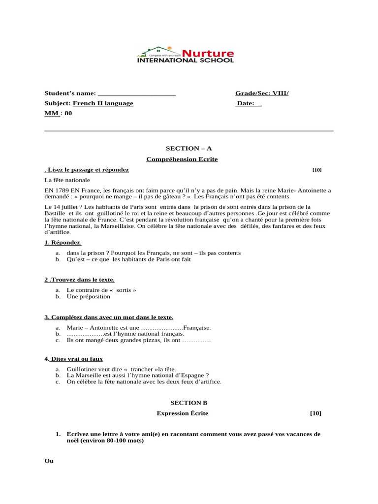 Summative Assessement 2 QP, Grde 8 2L FRENCH | PDF