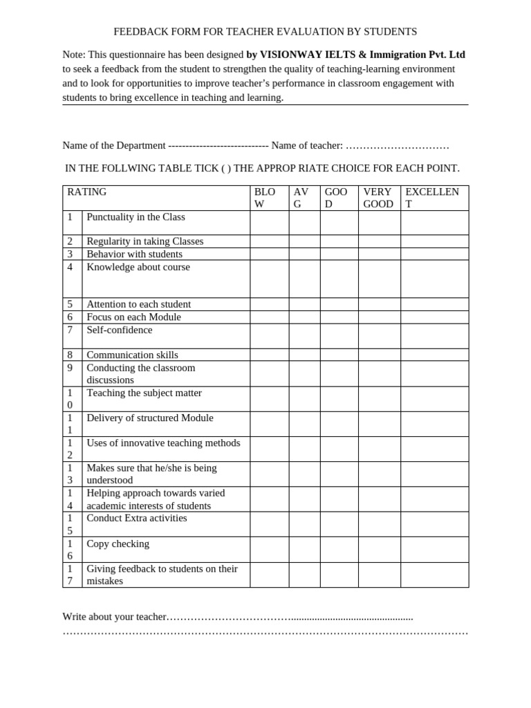 Feedback Form For Teacher Evaluation by Students | PDF
