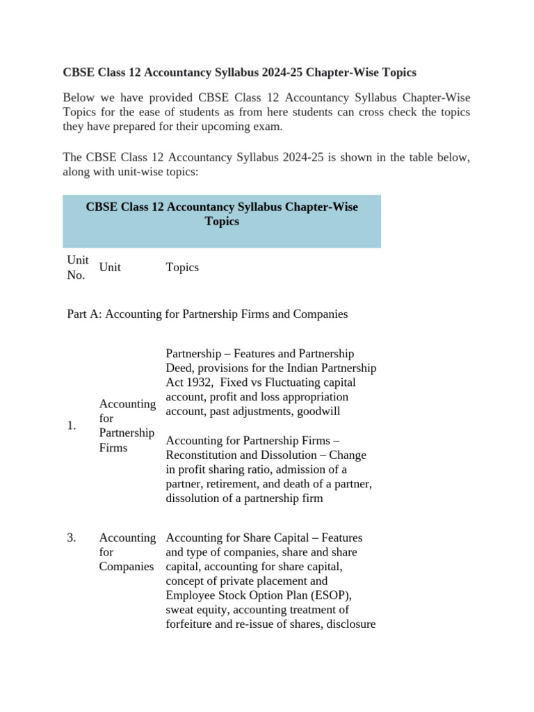 CBSE Class 12 Accountancy Syllabus 2024-25 | PDF | Revenue | Income ...