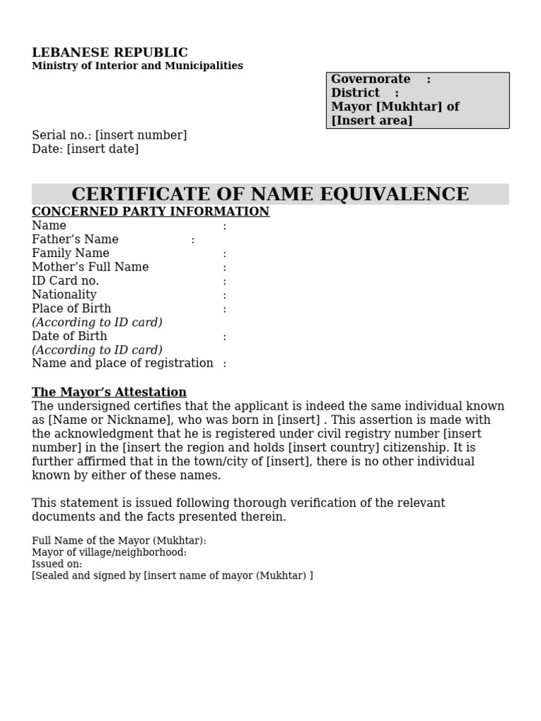 Name Equivalence Certificate Form | PDF