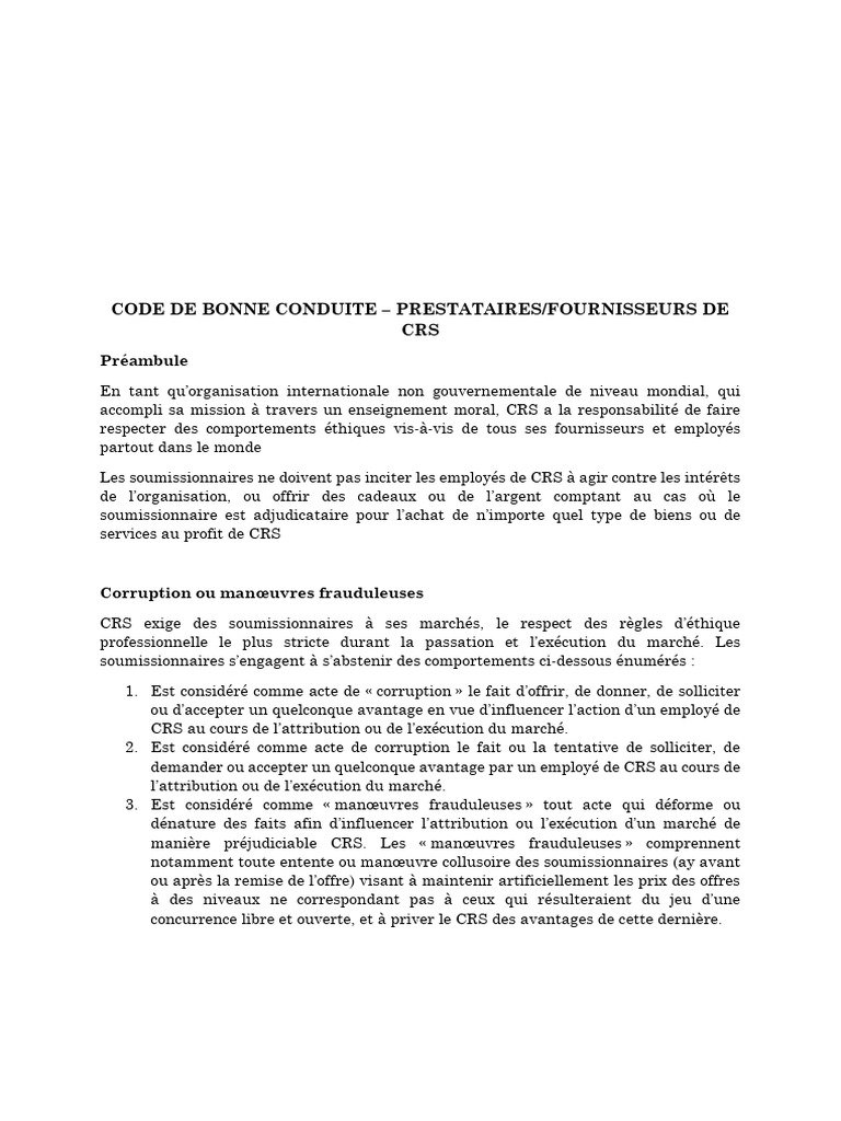 Code de conduite des fournisseurs CRS | PDF | Conflit d'intérêt | la ...
