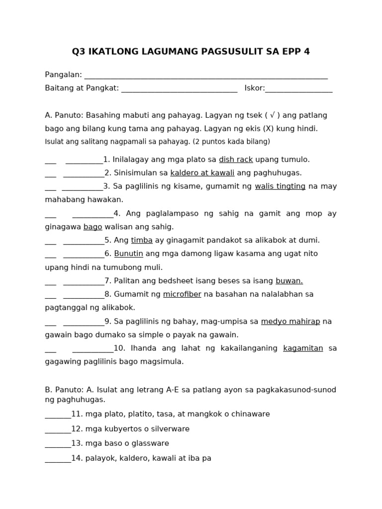 Q3-W5-W6-Ikatlong Lagumang Pagsusulit Sa Epp 4 | PDF