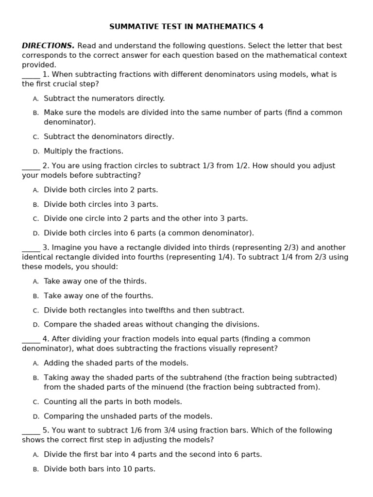 Mathematics 4 Summative Test Guide | PDF | Subtraction | Mathematics