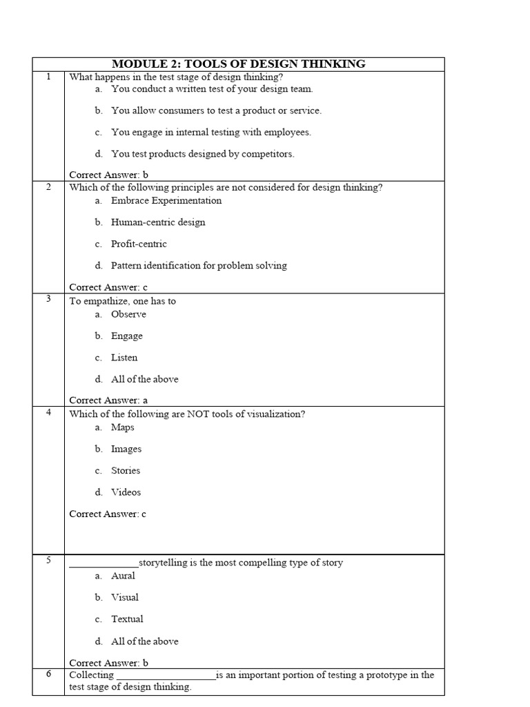 Module 2: Tools of Design Thinking: Correct Answer: B | PDF | Prototype | Design Thinking