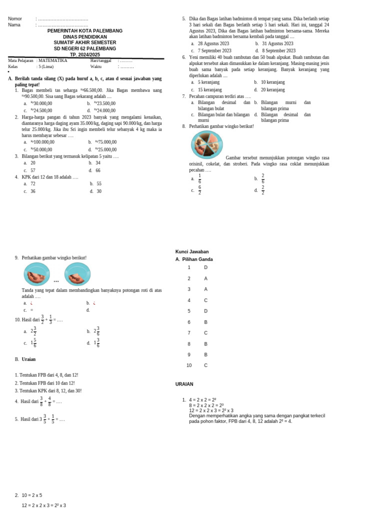 Soal Asas Ganjil Matematika Kelas 5 (1)-1 | PDF