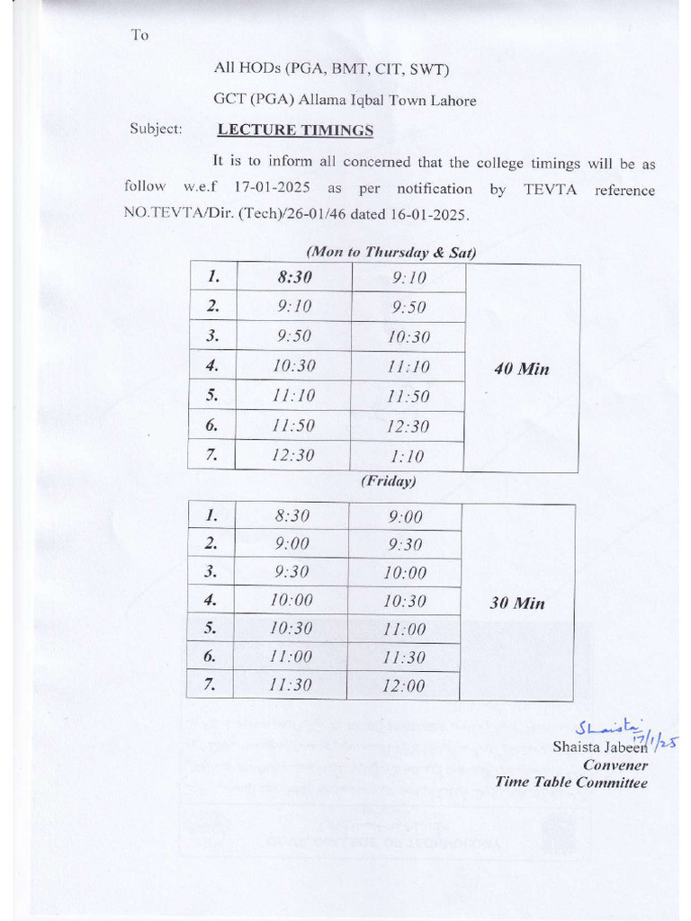 New Lecture Timings | PDF