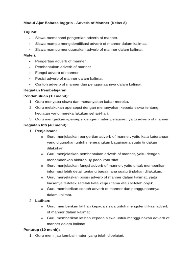 Modul Ajar Adverb of Manner Kelas 8 | PDF