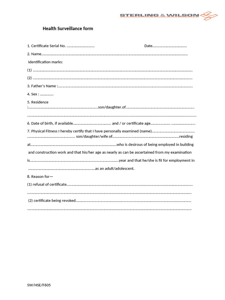 Health Surveillance Certificate Form | PDF