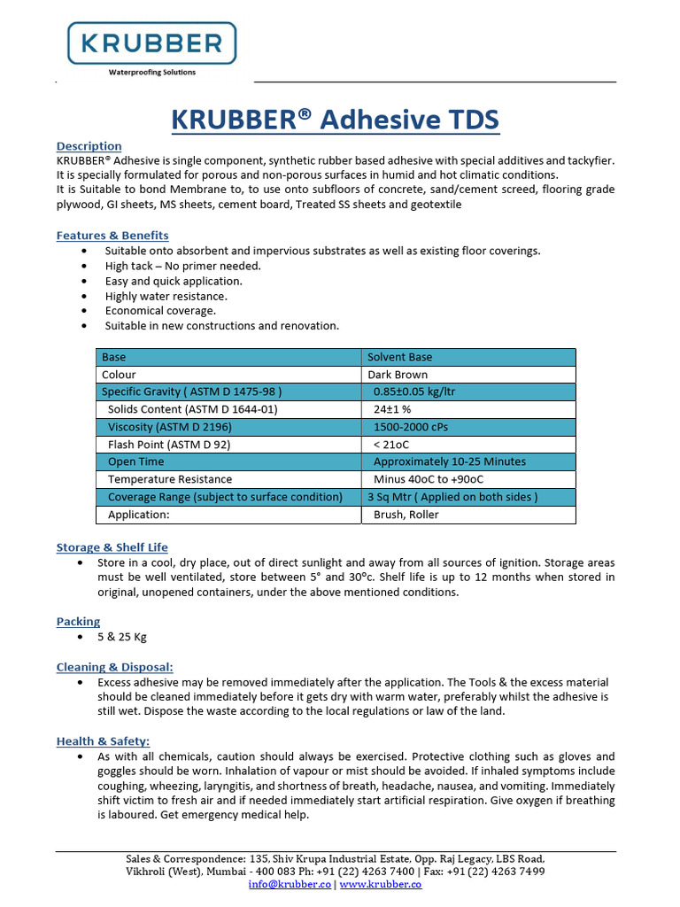 KRUBBER® - Adhesive Solvent Based TDS | PDF | Adhesive | Materials