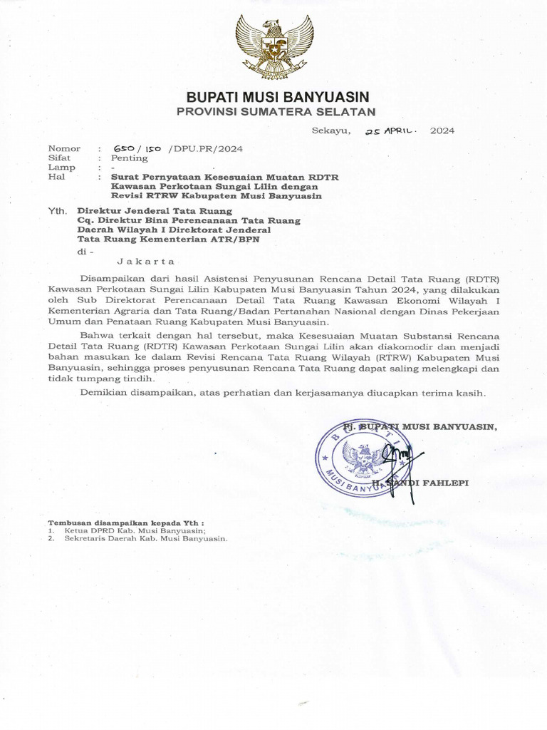 Surat Pernyataan Kesesuaian Muatan RDTR Kawasan Perkotaan Sungai Lilin ...