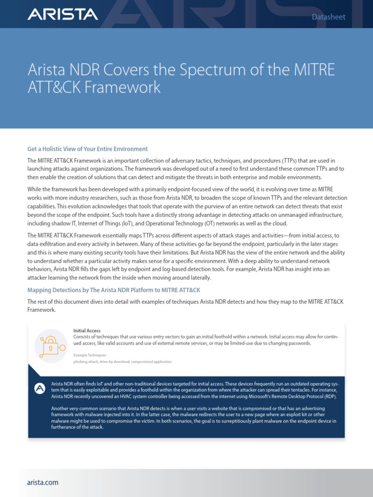 Arista NDR MITRE ATT - Framework Datasheet | PDF | Malware | Computer Network