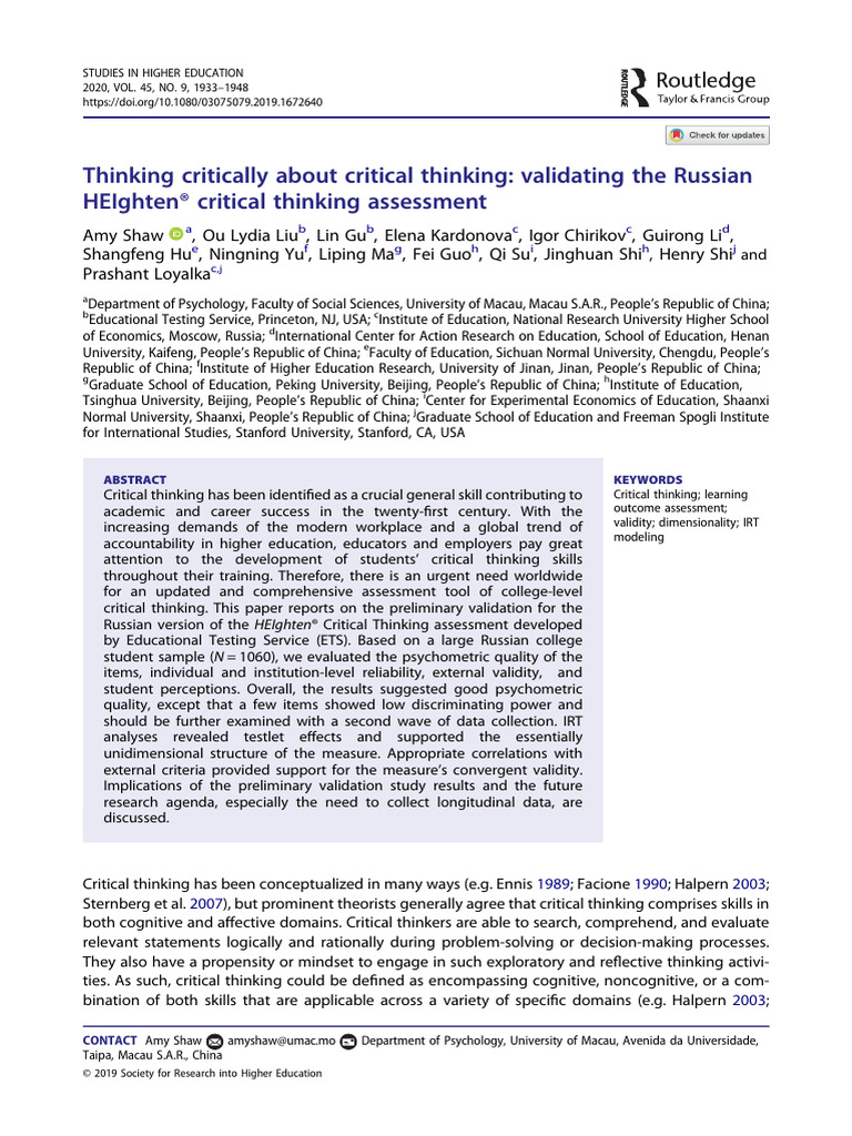 Thinking critically about critical thinking- validating the Russian HEIghten® critical thinking ...