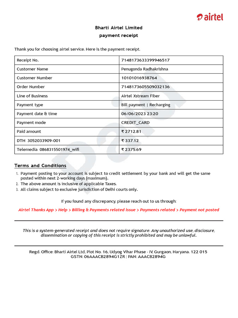 Airtel Receipt 0623 | PDF