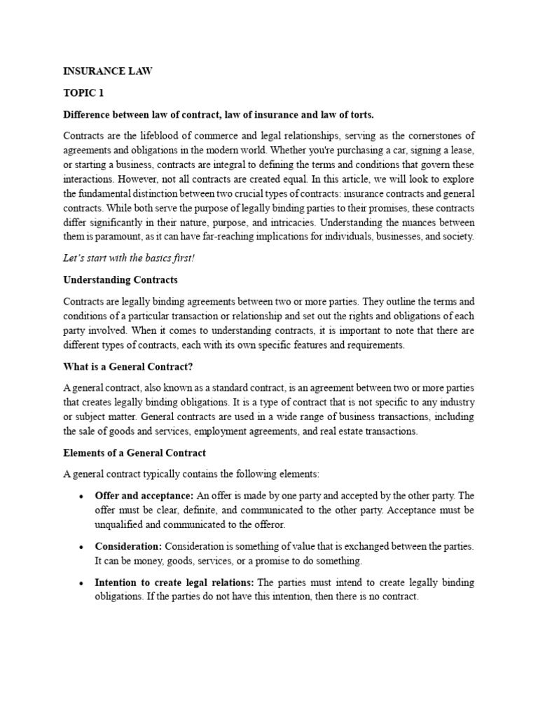 Insurance vs General Contracts Explained | PDF | Tort | Insurance