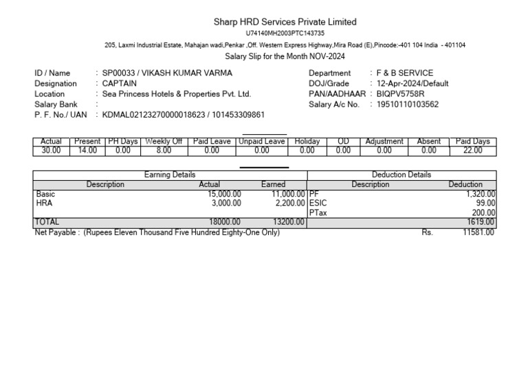 Payslips Sea Princess - VIKASH KUMAR VA - NOV-024 | PDF