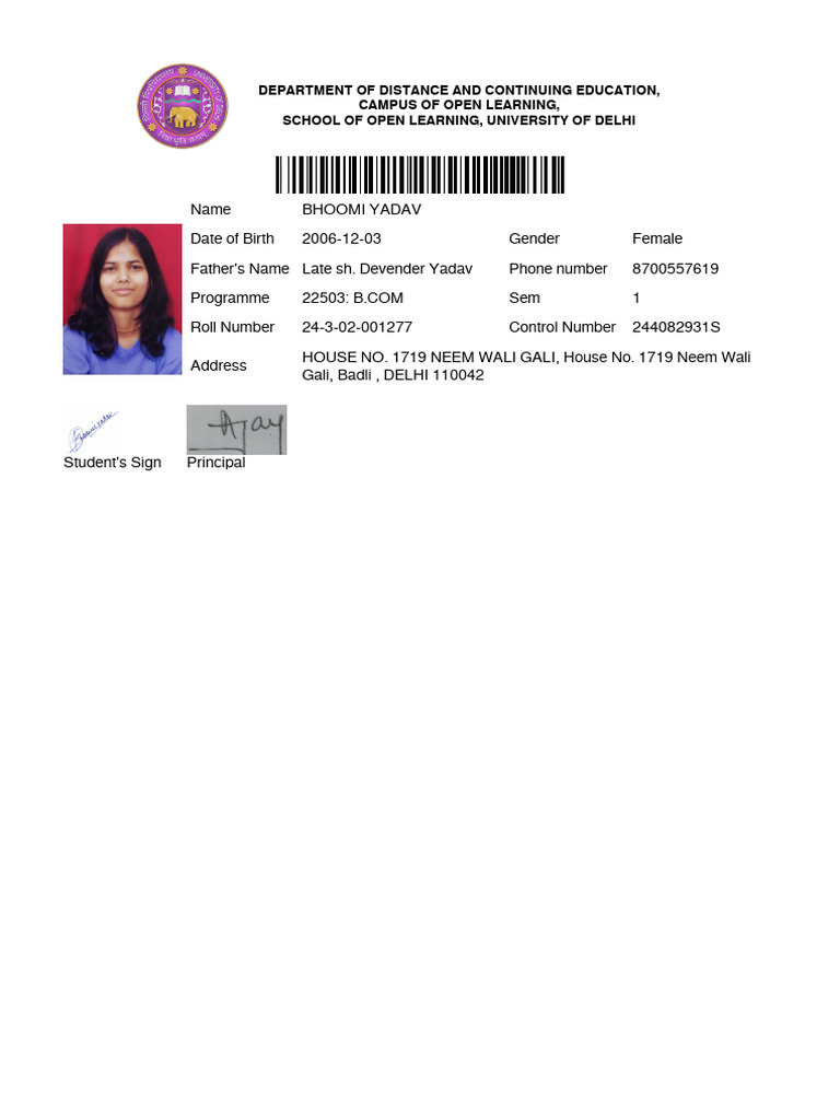 DU SOL ID Card for Bhoomi Yadav | PDF