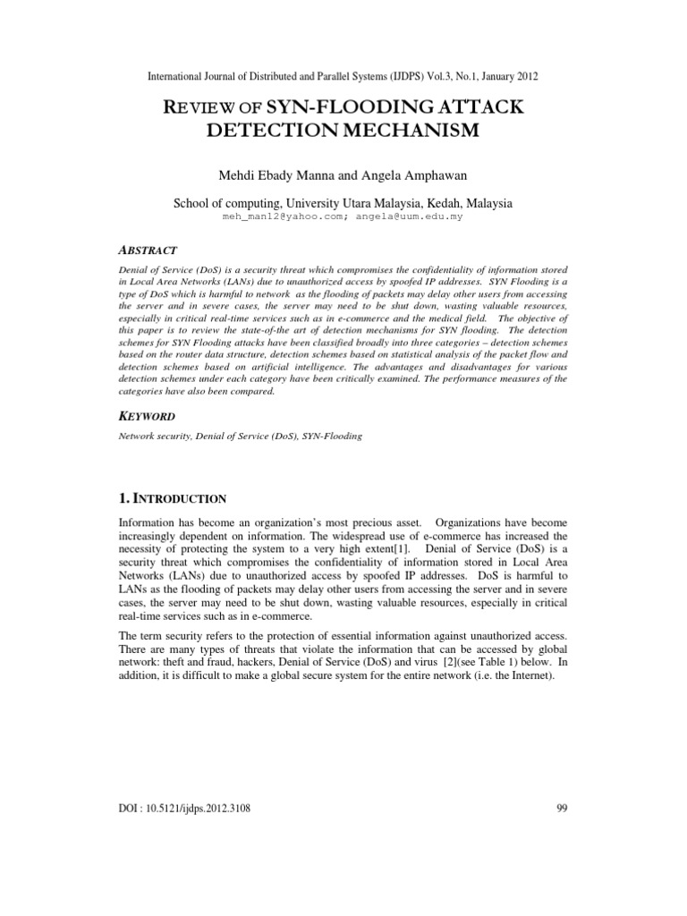 Review of Syn-Flooding Attack Detection Mechanism | PDF | Transmission Control Protocol | Denial ...