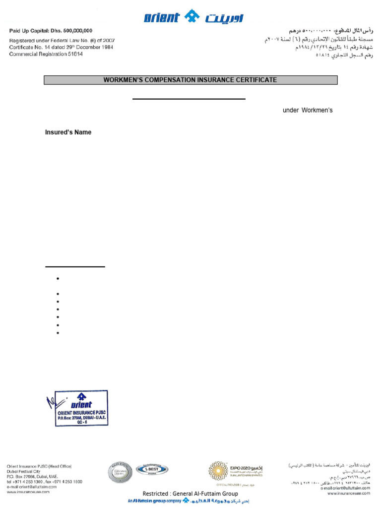 Workmen’s Compensation Insurance Certificate | PDF
