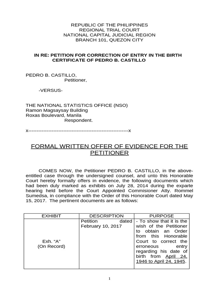 Formal Written Offer of Evidence for the Petitioner | PDF | Justice ...