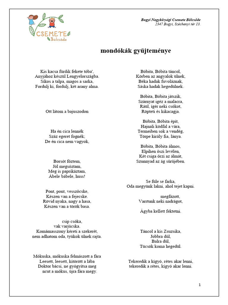 Versek Dalok Mondokak Gyujtemenye - Óvodaped. | PDF