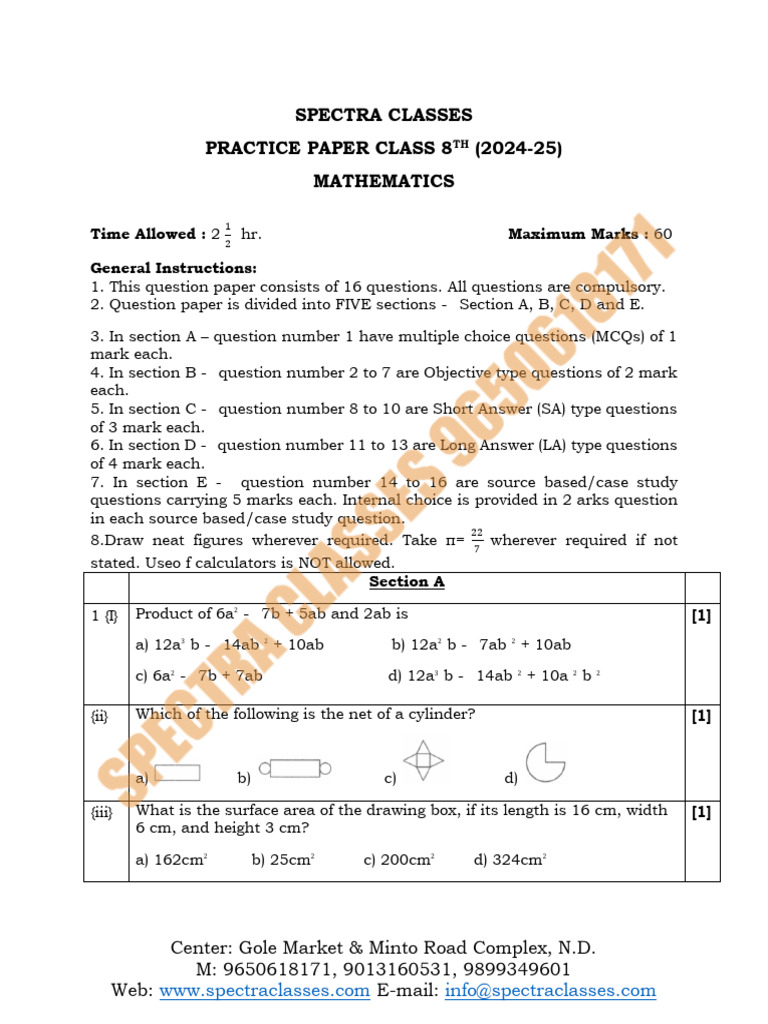 Final Practice Paper Class 8TH 2024 25 | PDF | Area | Speed