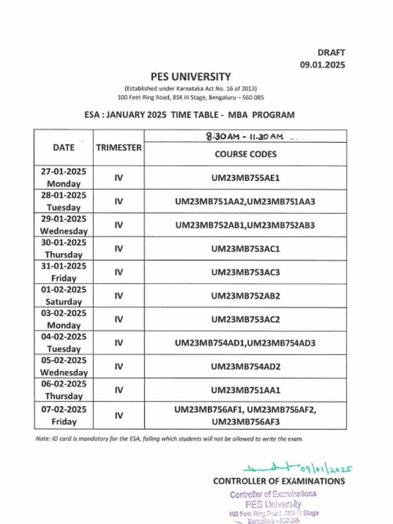 MBA Trimester-IV ESA Jan 25 Draft Time Table | PDF