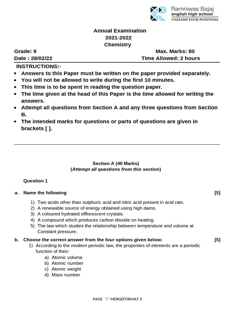 Annual Examination Grade 9 Chemistry 21-22 | PDF | Chemical Reactions ...