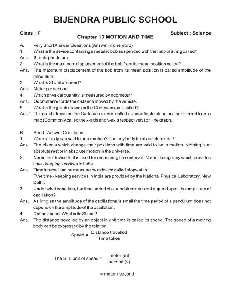Class 7 Subject Science Chapter 13 Motion and Time | PDF | Speed | Pendulum