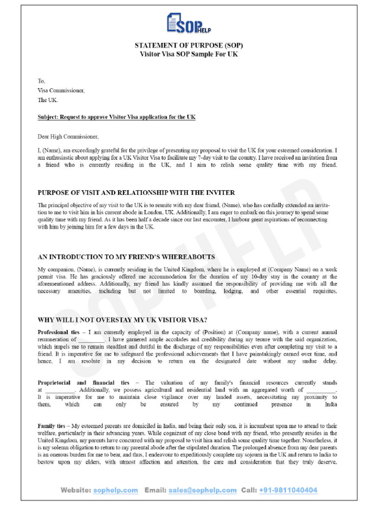 Visitor Visa Sop Sample For Uk PDF | PDF