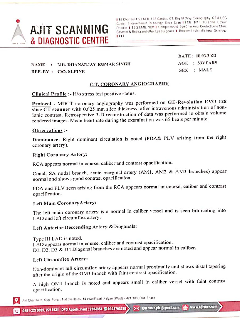 CT Coronary Angiography Test Report | PDF