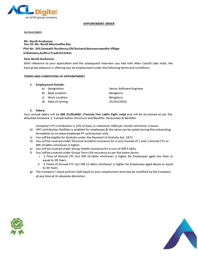 ACL - Appointment - Order - Docx - Anukumar | PDF | Employment | Breach Of Contract