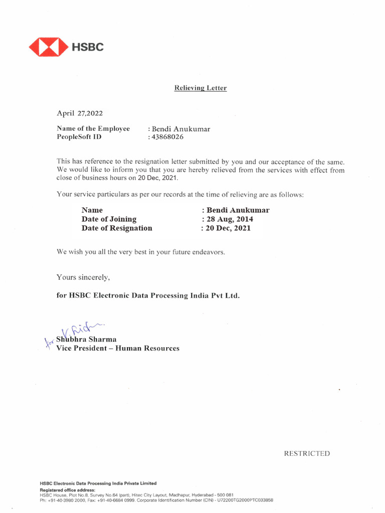 Relieving Letter HSBC | PDF