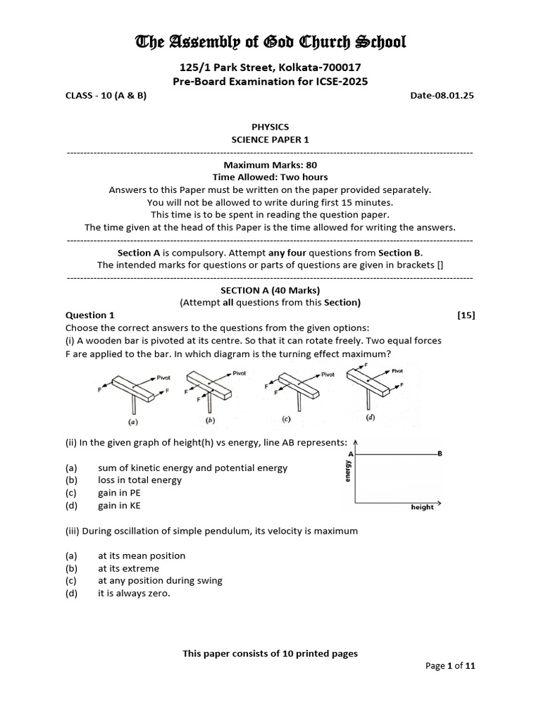 ICSE 2025 Class 10 Physics Pre-Board Exam | PDF | Force ...