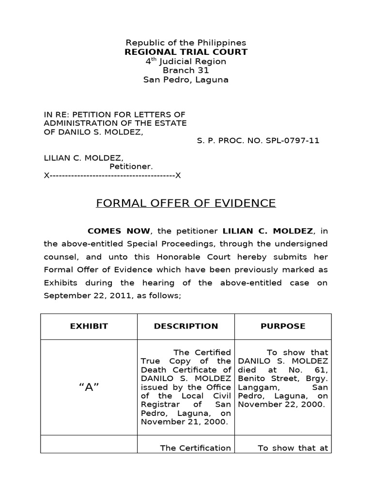 Formal Evidence Offer for Estate Case | PDF | Justice | Crime & Violence
