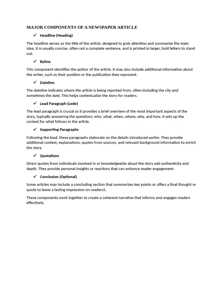 Major Components of a Newspaper Article | PDF