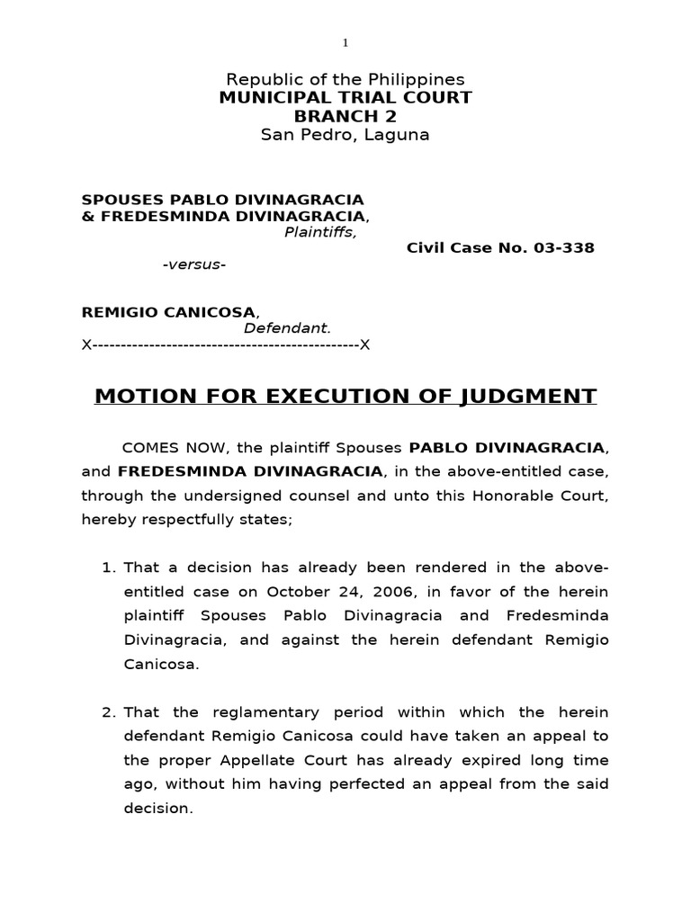 MOTION FOR EXECUTION OF JUDGMENT | PDF | Lawsuit | Judgment (Law)